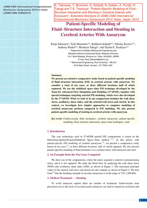 Pdf Patient Specific Modeling Of Fluidstructure Interaction And Stenting In Cerebral Arteries
