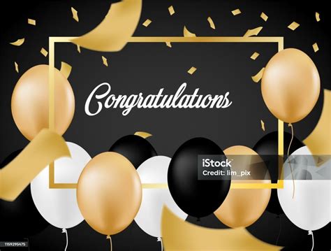 축하 합니다 카드 화이트 골드 풍선 과 금 호 일 색종이 디자인 검은 색 배경 벡터 기념일에 대한 스톡 벡터 아트 및 기타