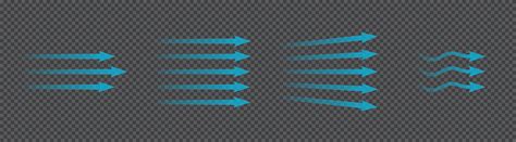공기 흐름 공기 이동 방향을 보여주는 파란색 화살표 집합입니다 바람 방향 화살표 컨디셔너에서 푸른 차가운 신선한 스트림 투명한 배경에 격리된 벡터 일러스트 레이 션 화살표에