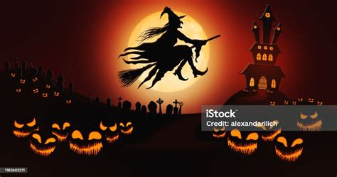유령의 저택을 배경으로 보름달 하늘에 빗자루를 타고 마녀와 묘지에서 할로윈 호박 10월에 대한 스톡 벡터 아트 및 기타 이미지 10월 가을 검은색 Istock