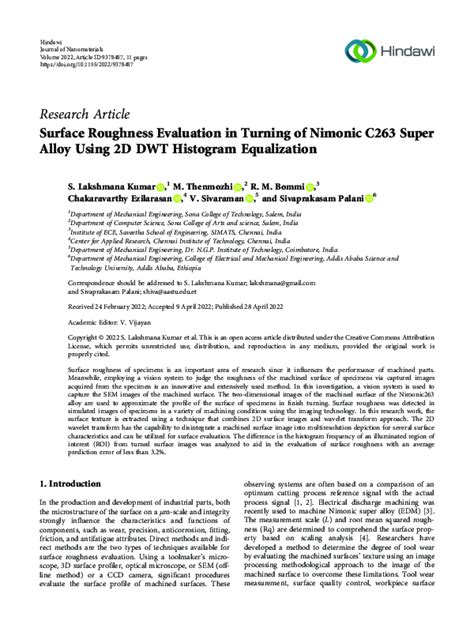 Pdf Surface Roughness Evaluation In Turning Of Nimonic C263 Super Alloy Using 2d Dwt Histogram