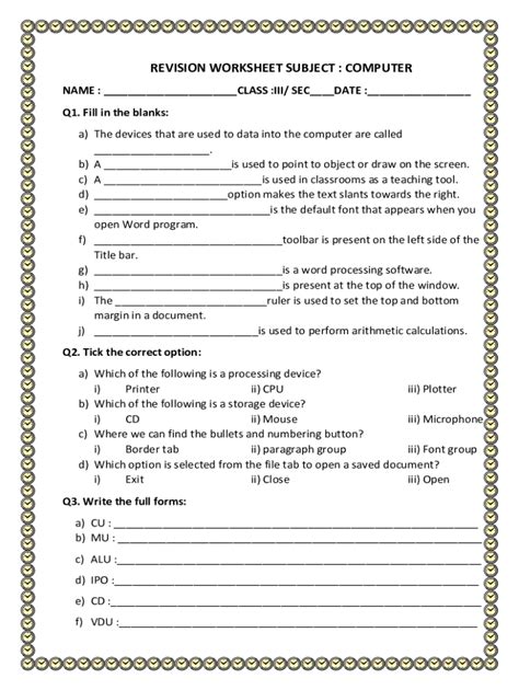 fillable online revision worksheet class 3 fax email print pdffiller