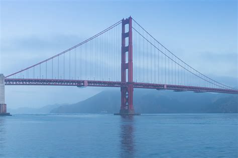 여름이나 가을에 푸른 하늘과 구름이 있는 황혼의 아름다운 저녁 빛에 유명한 골든 게이트 브리지의 고전적인 파노라마 전망
