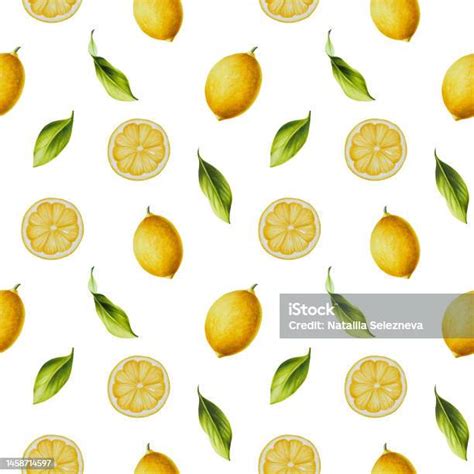 밝은 녹색 잎과 꽃이 있는 신선한 익은 레몬이 있는 수채화 매끄러운 패턴 손으로 그린 컷 감귤류 슬라이스는 흰색 배경에 그림을 그립니다 디자이너 엽서 파티 초대장 포장지