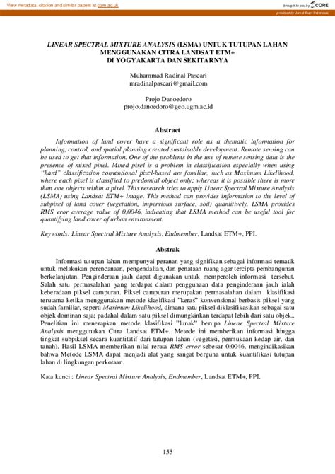 Pdf Linear Spectral Mixture Analysis Lsma Untuk Tutupan Lahan Menggunakan Citra Landsat Etm