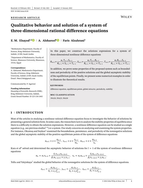 Pdf Qualitative Behavior And Solution Of A System Of Three‐dimensional Rational Difference