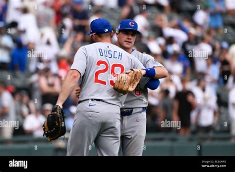 Chicago Cubs First Baseman Michael Busch 29 And Third Baseman Matt Shaw Right Hug After A