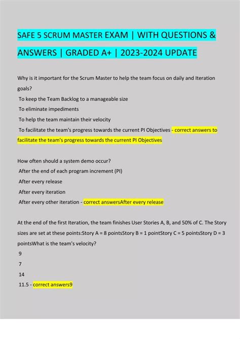 Safe 5 Scrum Master Exam With Questions And Answers Graded A Update Safe 4 Stuvia Us