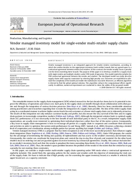 Pdf Vendor Managed Inventory Model For Single Vendor Multi Retailer Supply Chains