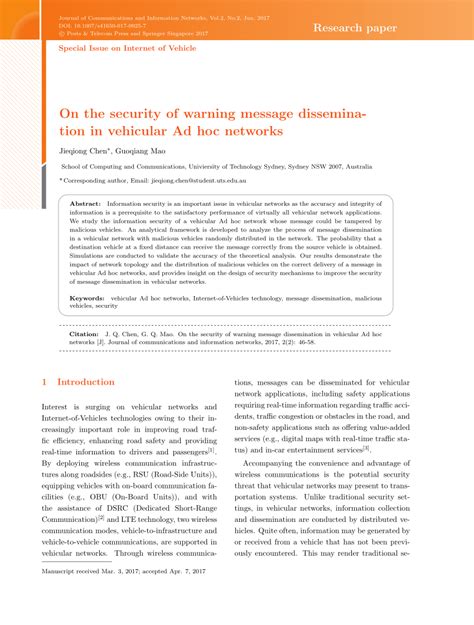 Pdf On The Security Of Warning Message Dissemination In Vehicular Ad Hoc Networks