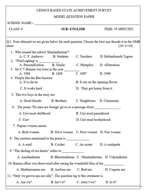 English Model Paper Class 8 Pdf