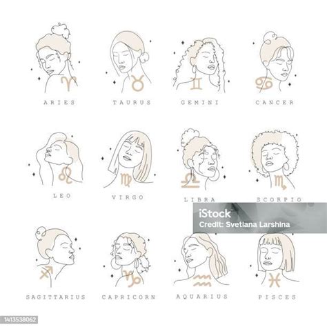 조디악 표지판 수집 한 줄 그리기 추상적 인 여성 얼굴을 가진 점성술 아이콘 수수께끼와 난해한 윤곽선 로고 별자리 기호 미니멀