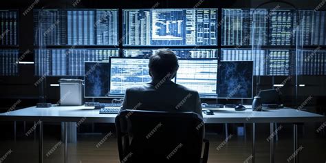 Premium Photo Business Person Analyzing Data From Computer Monitor Back View