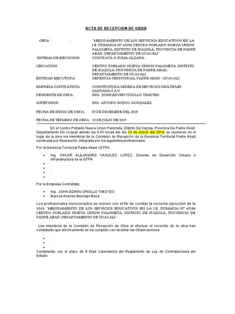 Acta De Recepcion De Obra Con Levantamiento De Observaciones Pdf