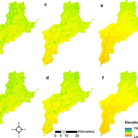 comparison of 30 m dem from aster srtm and ned datasets panels a c