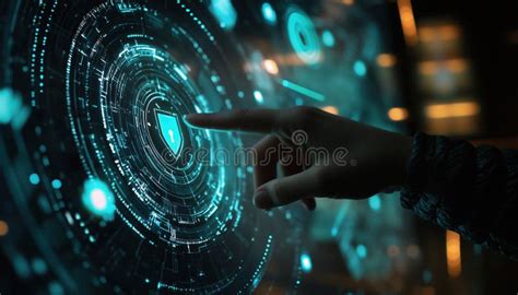 Hand Pointing At Digital Cybersecurity Interface With Lock Icon In Futuristic Graphic Style On