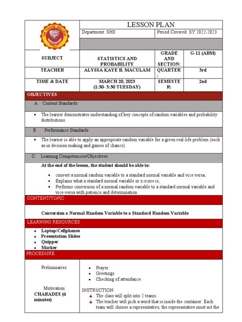 Lesson Plan Yuem Shs Pdf Mathematics Standard Deviation