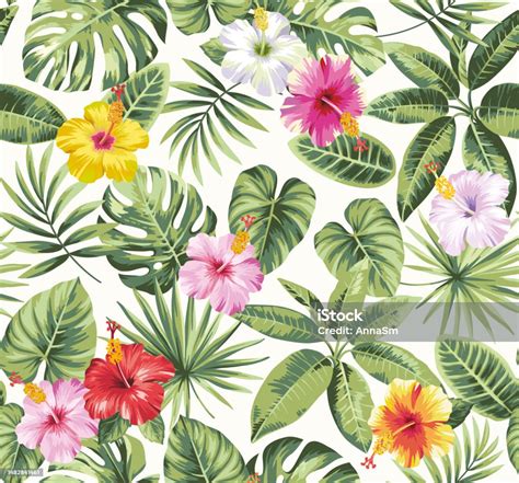 야자수 잎과 이국적인 꽃이 있는 열대 이음매 없는 패턴 흰색 바탕에 꽃무늬 디자인 초록색의 벡터 그림입니다 0명에 대한 스톡 벡터 아트 및 기타 이미지 Istock