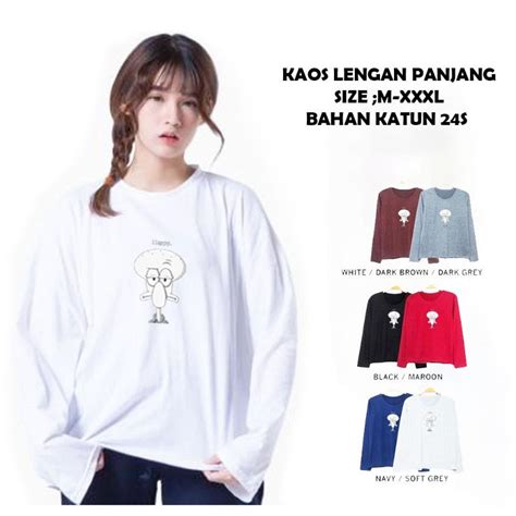 Jual Kaos Lengan Panjang Wanita Motif HAPPY / Atasan Kaos Panjang Cewek ...