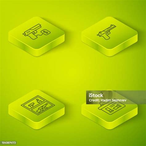 아이소메트릭 라인 사막 독수리 총 사냥 상점 무기 군용 탄약 상자 및 구매 권총 아이콘을 설정합니다 벡터 3차원 형태에 대한