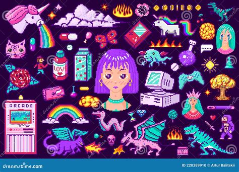 Pixel Art Bit Objects Retro Digital Game Assets Set Of Pink Fashion