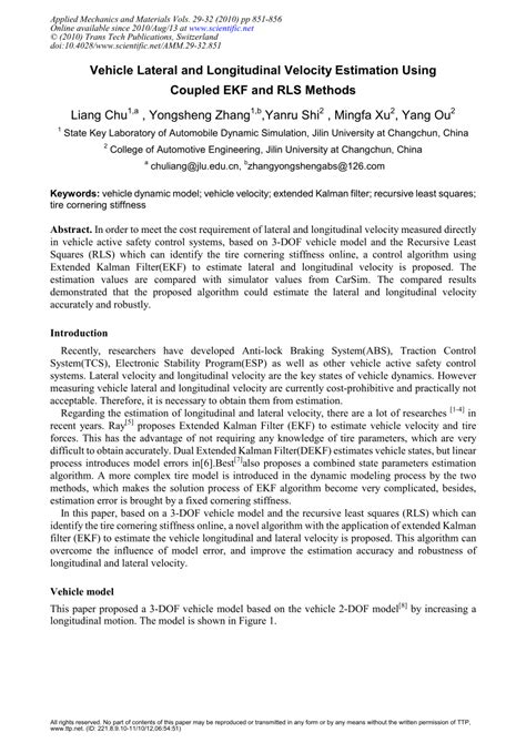 Pdf Vehicle Lateral And Longitudinal Velocity Estimation Using