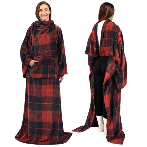 Pavilia Wearable Blanket With Sleeves 70x50 Inches Red Plaid Soft