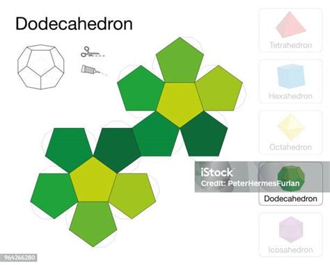 정십이면체 플라톤 고체 템플릿입니다 3 차원 수공예 순 녹색 국방부에서 작동 수 있도록 5 개의 플라톤 고체 중 하나는 정십이면체의 종이 모델 12면체에 대한 스톡 벡터