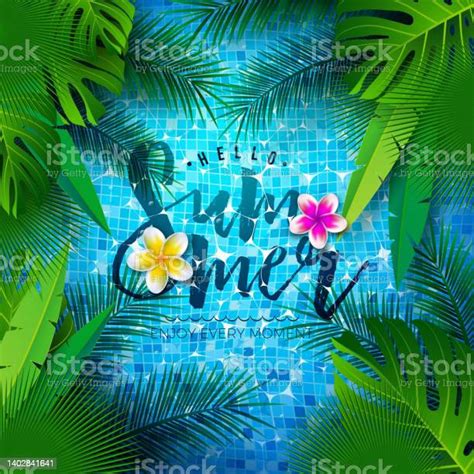 타일 수영장 배경과 꽃에 물을 가진 여름 휴가 그림 안녕하세요 열대 식물과 배너 전단지 초대장 브로셔 포스터 또는 인사말 카드를위한 야자 잎과 여름 디자인 꽃 식물에 대한