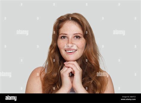Natural Beauty Perfect Real Redhead Woman With Clean Shiny Healthy Skin With Freckles Smiling
