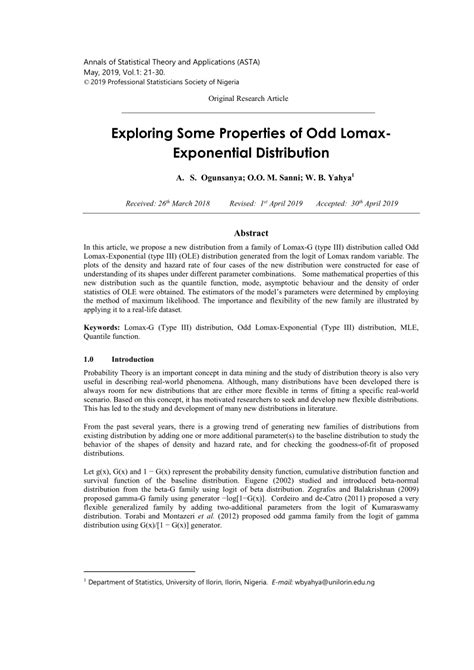 PDF Exploring Some Properties Of Odd Lomax Exponential Distribution