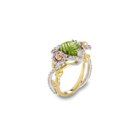 Stambolian 18k Two Tone Gold Peridot Pink Sapphire Diamond Rose Floral