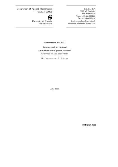 Pdf An Approach To Rational Approximation Of Power Spectral Densities On The Unit Circle