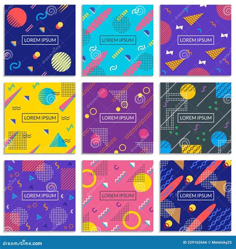 Memphis Style Cover Set Banner Card Poster Template With Geometric Patterns And Shapes