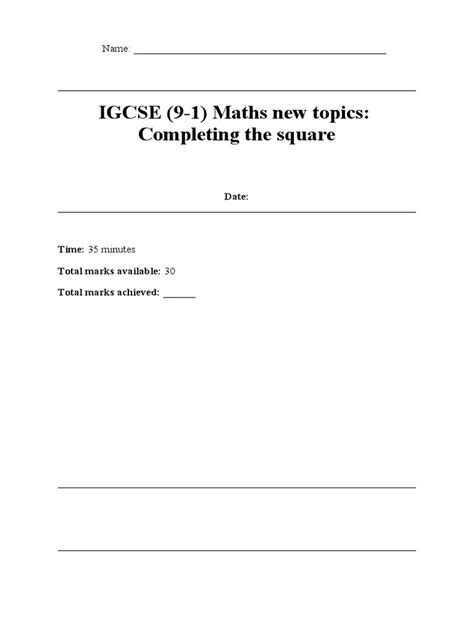 Igcse 9 1 Maths New Topics Completing The Square Name Pdf Quadratic Equation
