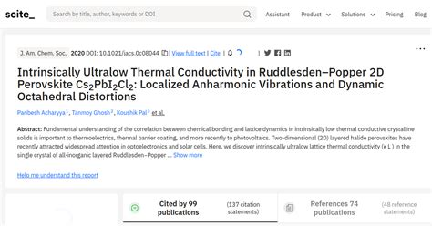 Intrinsically Ultralow Thermal Conductivity In Ruddlesdenpopper 2d Perovskite Cs 2 Pbi 2 Cl 2