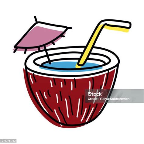 코코넛 칵테일 추적으로 스케치합니다 배너와 엽서에 대 한 벡터 낙서 그림 선형 열대 음료 짚과 우산이 있는 자연 주스 디자인 아트 오브제는 흰색에 고립되어 있습니다 개념에