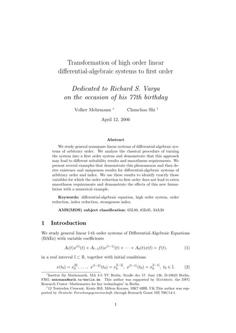 Pdf Transformation Of High Order Linear Differential Algebraic