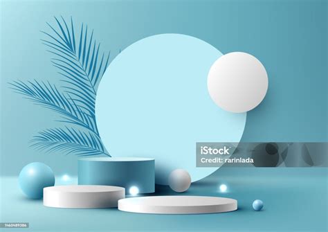 3d 현실적인 빈 스튜디오 룸 흰색과 파란색 실린더 연단 스탠드 원형 배경 3차원 형태에 대한 스톡 벡터 아트 및 기타 이미지