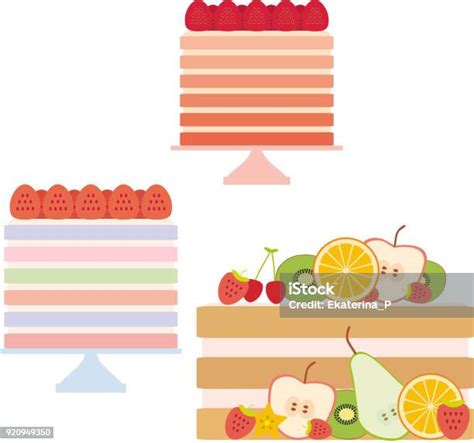 생일 발렌타인 결혼 약혼입니다 설정된 달콤한 케이크 딸기 케이크 스탠드 크림 케이크 신선한 과일과 열매 흰색 바탕에 파스텔 색상으로 꾸며져 있습니다 벡터 장식품에 대한 스톡