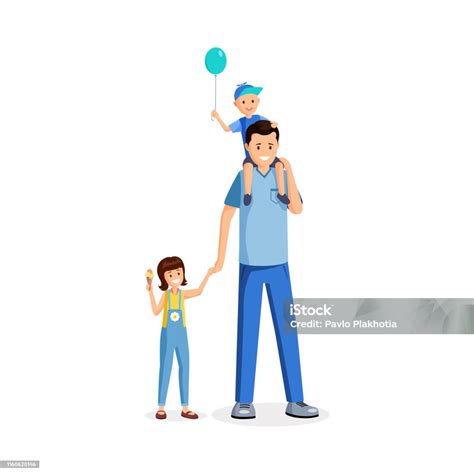 아이 플랫 벡터 일러스트와 함께 서 아버지 베이비 시터 어린 부모는 어린이 만화 캐릭터와 함께 가족 휴가를 축하합니다 행복한 딸의 손을 잡고 아들을 어깨에 짊어지고있는 남자