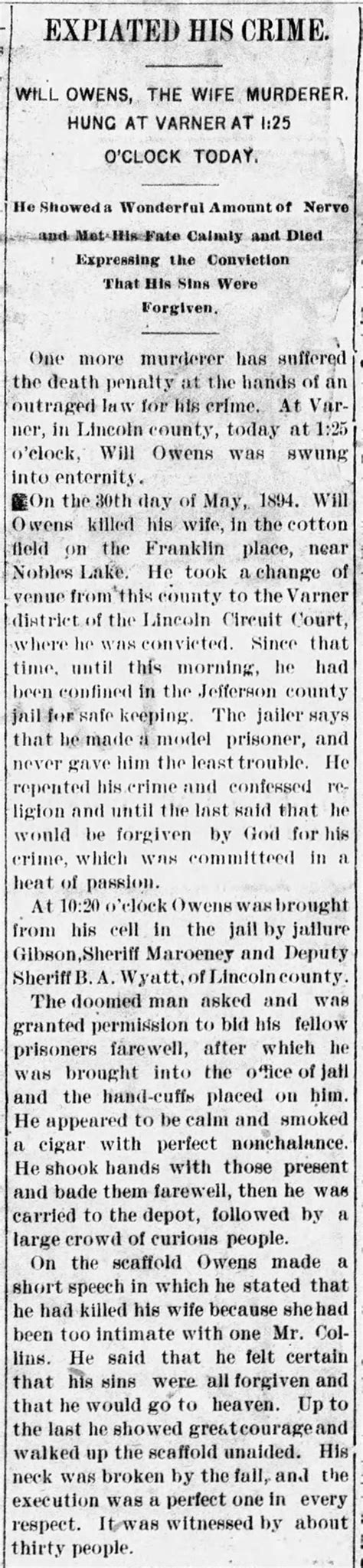 Owens William Execution Article Encyclopedia Of Arkansas