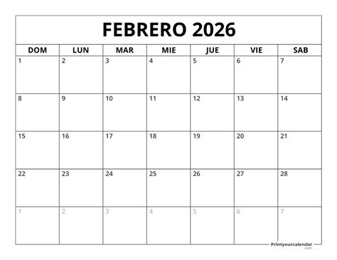 Calendario Febrero 2026 Para Imprimir Gratis