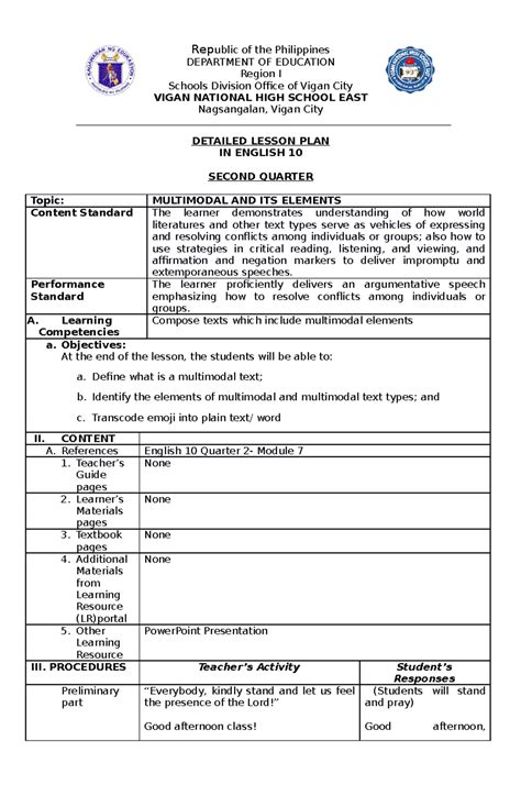 Multimodal Lesson Plan For Grade 10 Republic Of The Philippines Department Of Education Region