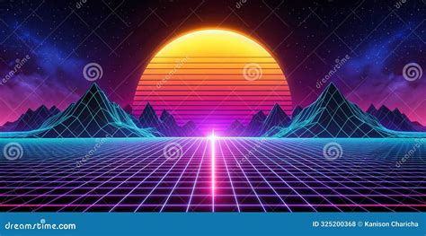 Synthwave Background Retrowave Perspective Grid 80s Retro Future Backdrop Dark Starry Sky