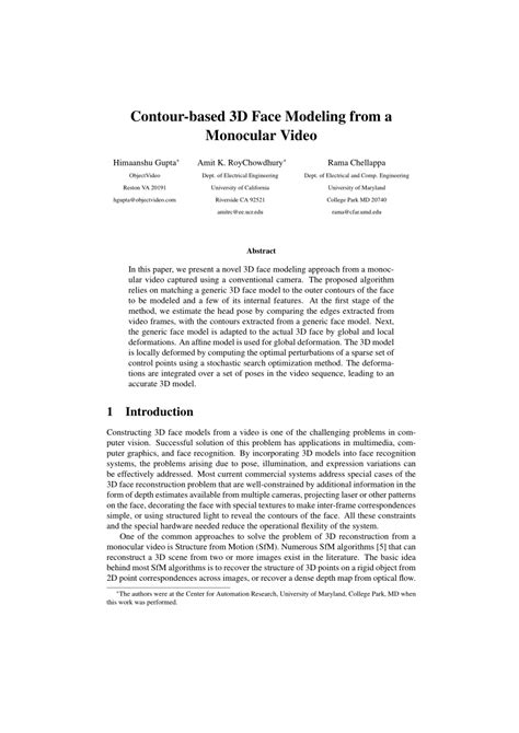 pdf contour based 3d face modeling from a monocular video