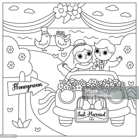 벡터 흑백 결혼식 장면 귀여운 그냥 결혼 한 커플 결혼 라인 결혼식 풍경 색칠하기 페이지와 신부와 신랑 남편과 아내는 차에 신혼 여행에갑니다 결혼식에 대한 스톡 벡터 아트
