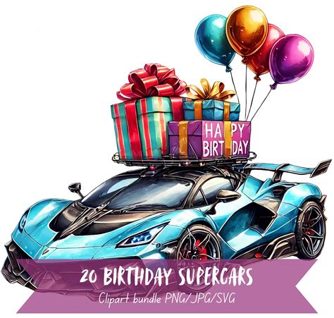 Happy Birthday Supercars Clipart Bundle Watercolor Sports Car Graphic