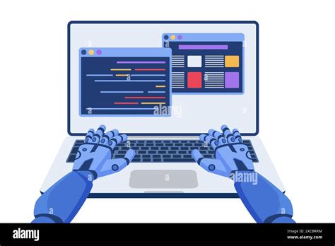 Robot Coding And Sitting At Laptop Hands Of Bot Working With Program Windows Cartoon Vector
