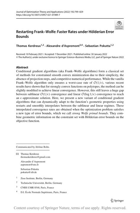 Restarting Frankwolfe Faster Rates Under Hölderian Error Bounds Request Pdf